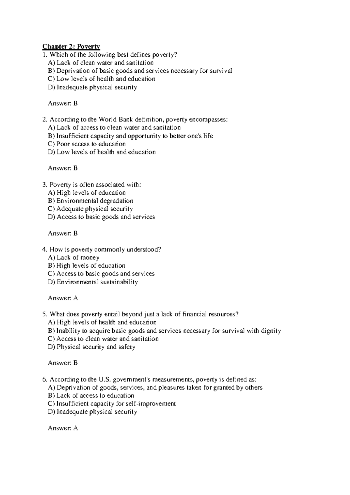 Issues chapter 2 questions with answers - Chapter 2: Poverty Which of ...