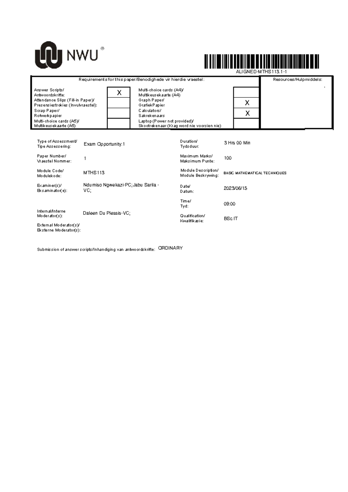 MTHS113 nwu Paper 1Jun2023 - Type of Assessment/ Tipe Assessering ...