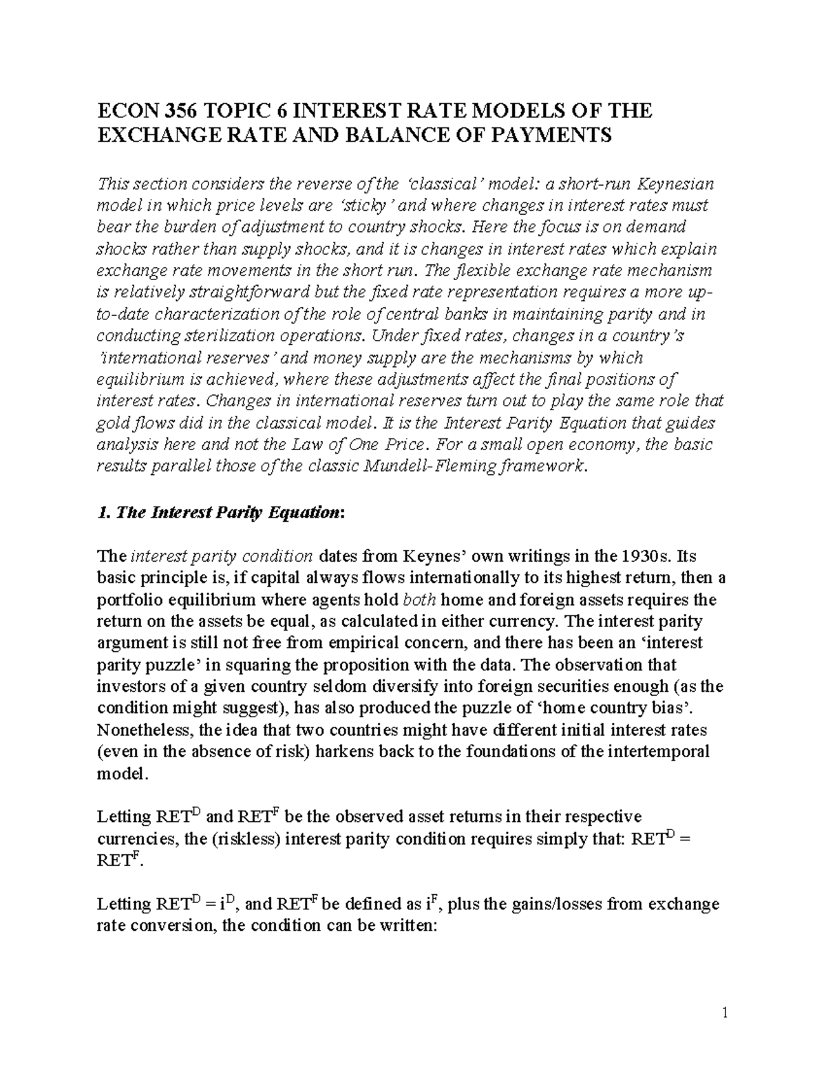 356 Topic 6 Interest RATE Models OF THE Exchange RATE - ECON 356 TOPIC ...