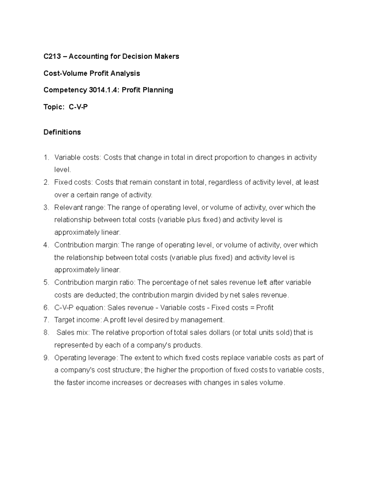 C213 CVP Analysis - Study guide on how to answer questions on test and ...