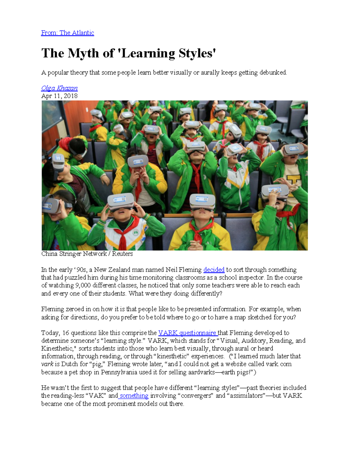 Sona 6 - Myth of learning styles - From: The Atlantic The Myth of ...