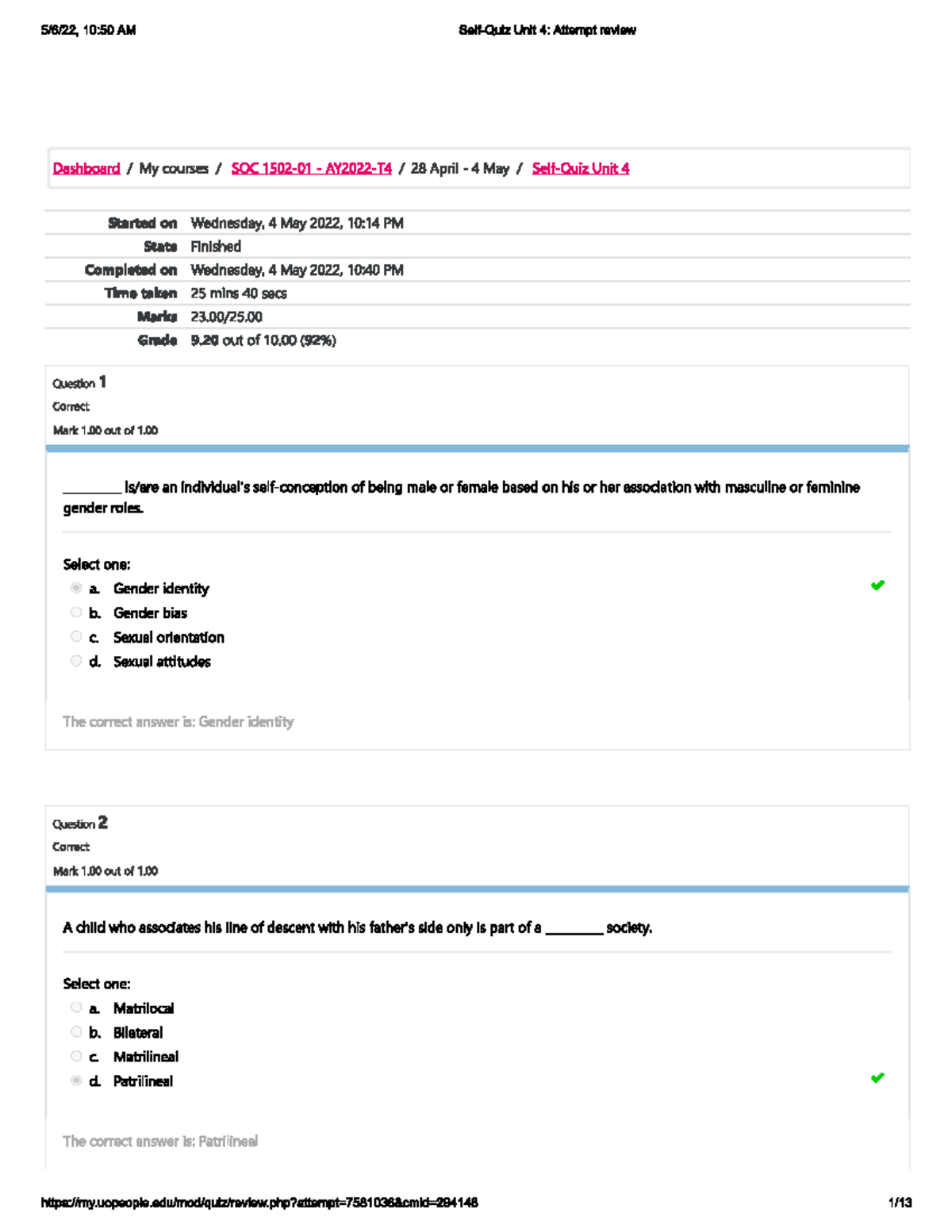 Sociology Self Quiz Unit 4 - 10:50 AM Unit 4: Attempt review Dashboard ...