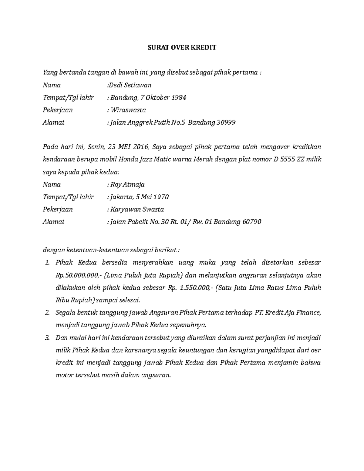Surat Over Kredit Mobil Honda Jazz - SURAT OVER KREDIT Yang bertanda ...