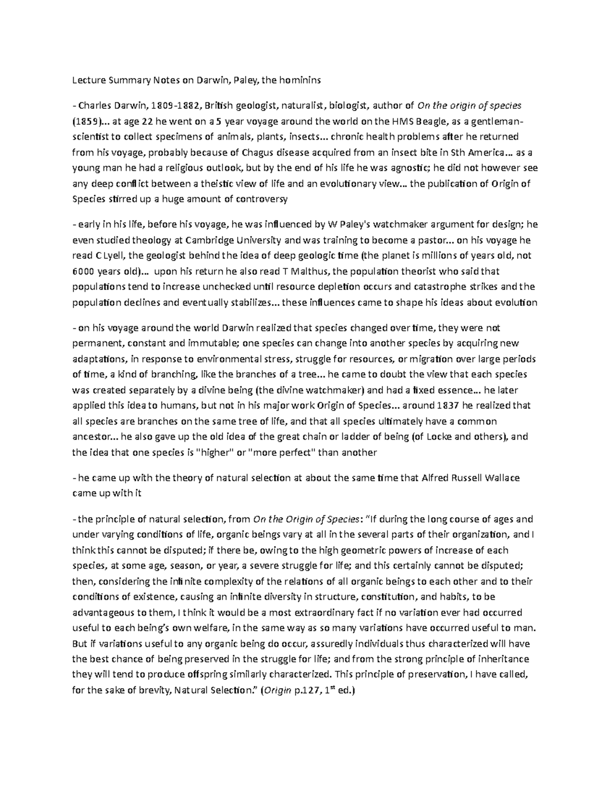 Lecture Summary Notes on Darwin - .. at age 22 he went on a 5 year ...