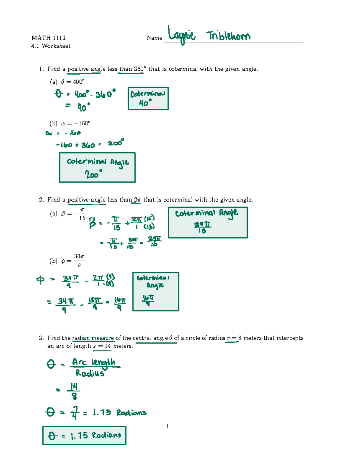 4.1 Worksheet Practice - MATH 1113 Name 4 Worksheet 1. Find a positive ...