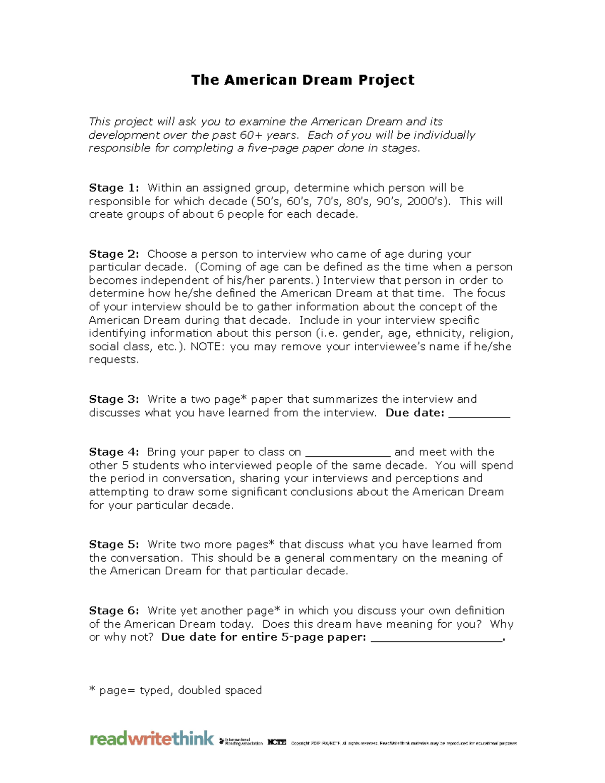 30925 Assign Sheet - Classwork - The American Dream Project This ...