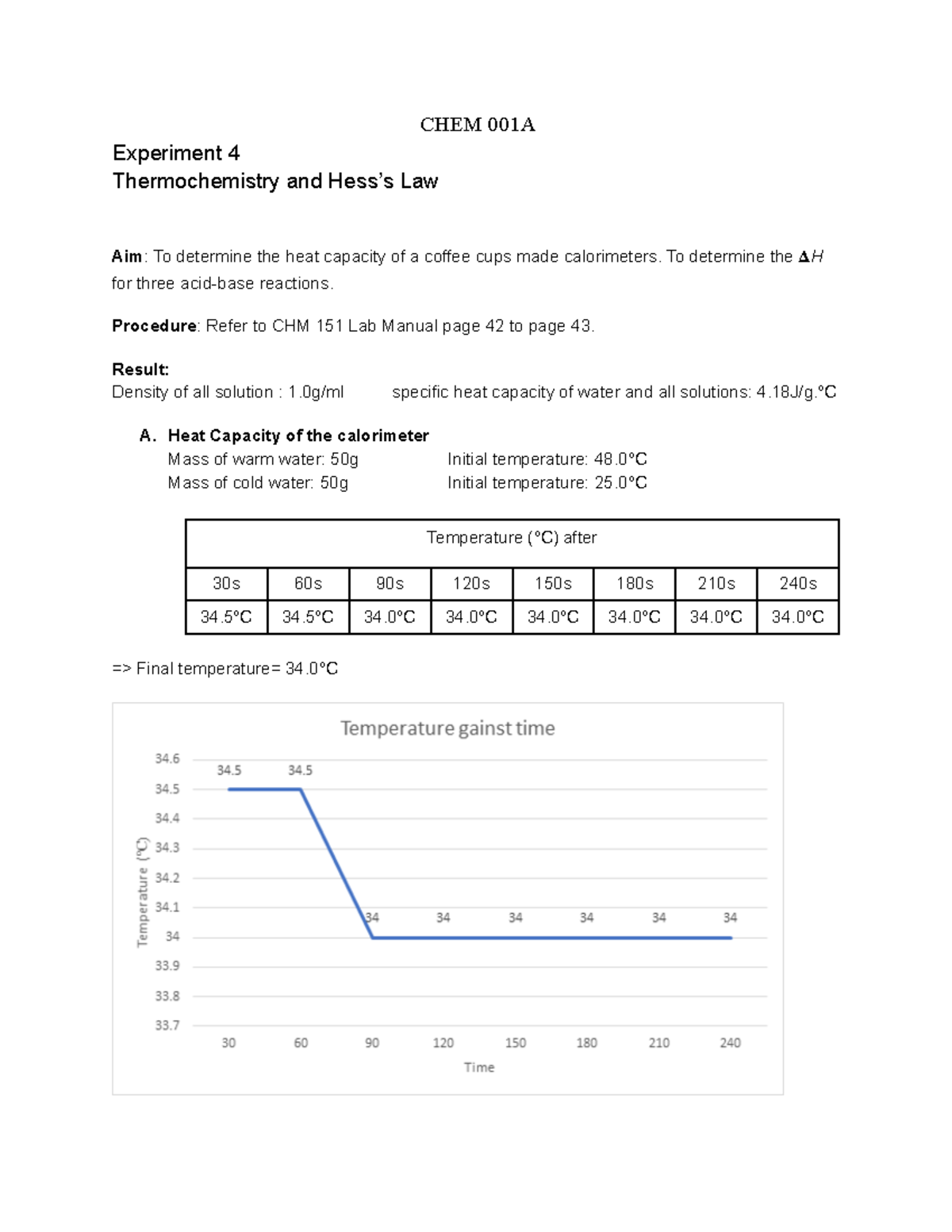 CHM 151 experiment 4 - Lab report - CHEM 001A Experiment 4 ...