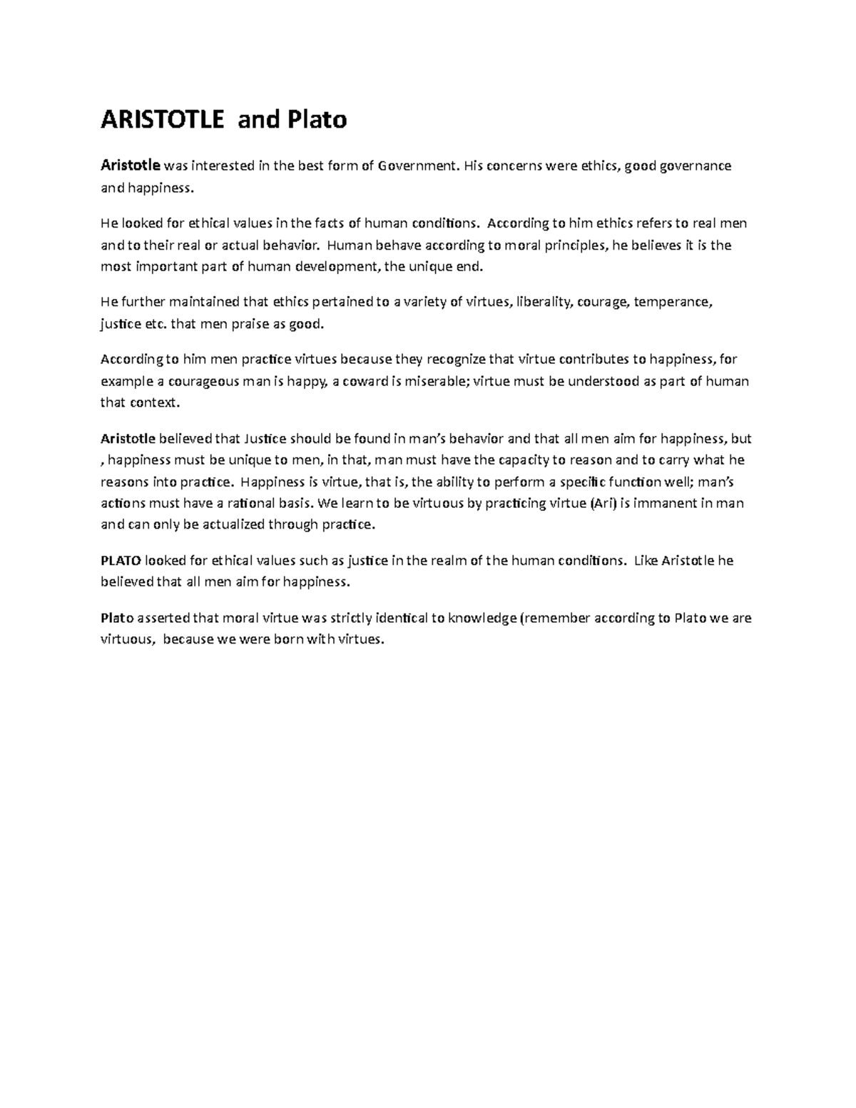 SOC 1200 - Aristotle - Notes on the selected title along with Plato and ...