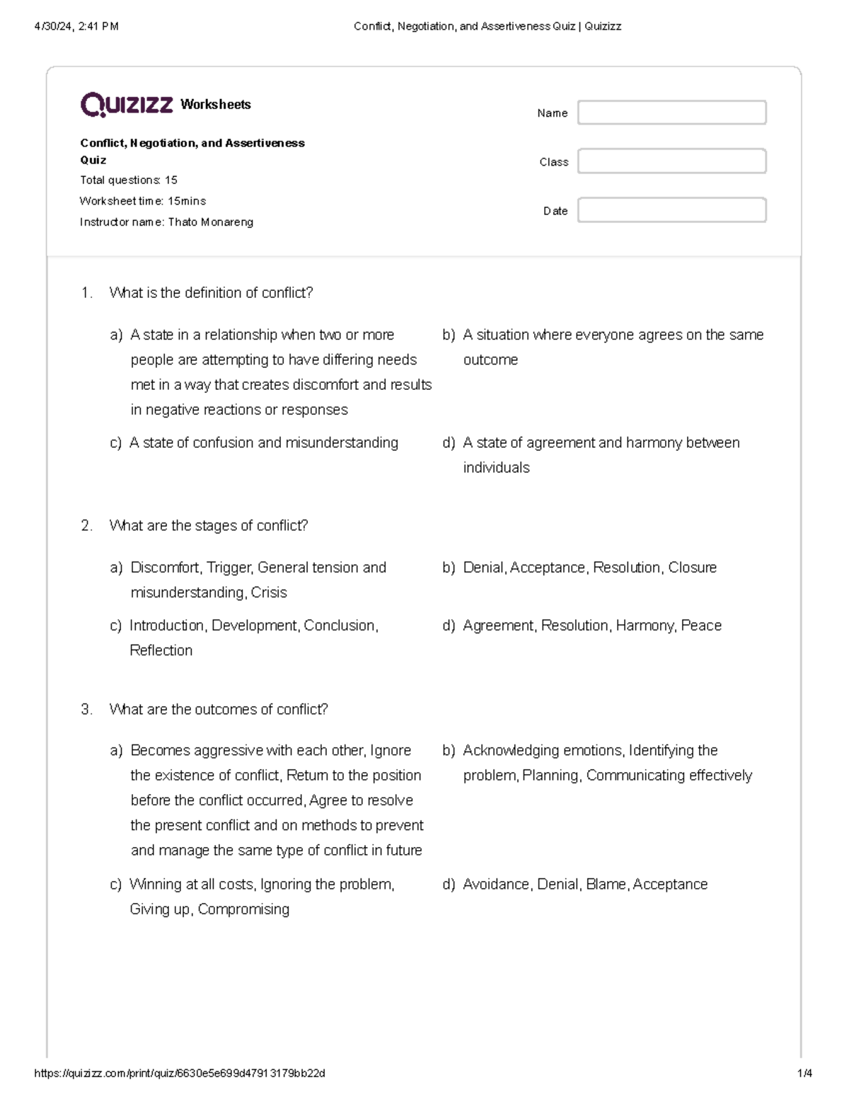 Conflict, Negotiation, and Assertiveness Quiz Quizizz - Worksheets Conflict, Negotiation, and ...