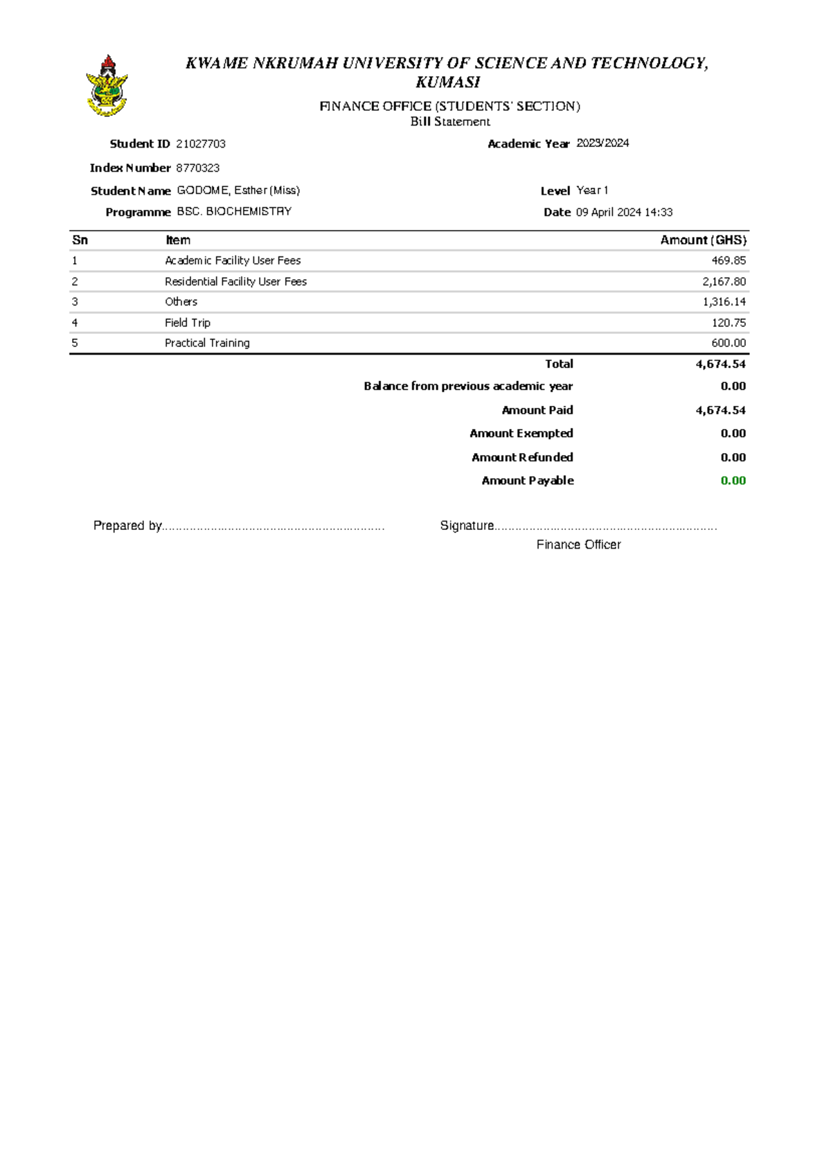 Student Bill 21027703 2024 - KWAME NKRUMAH UNIVERSITY OF SCIENCE AND ...