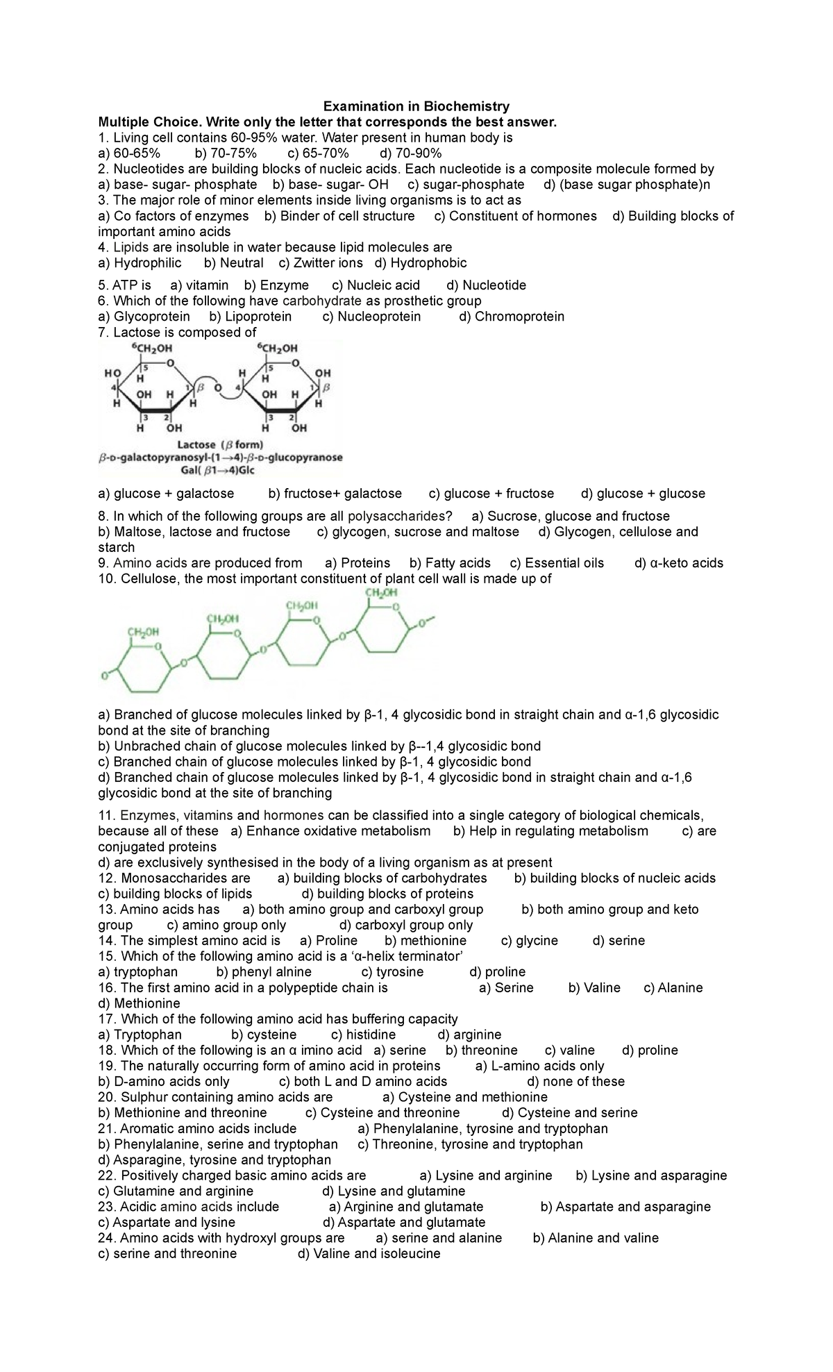 Biochem - Examination in Biochemistry Multiple Choice. Write only the ...
