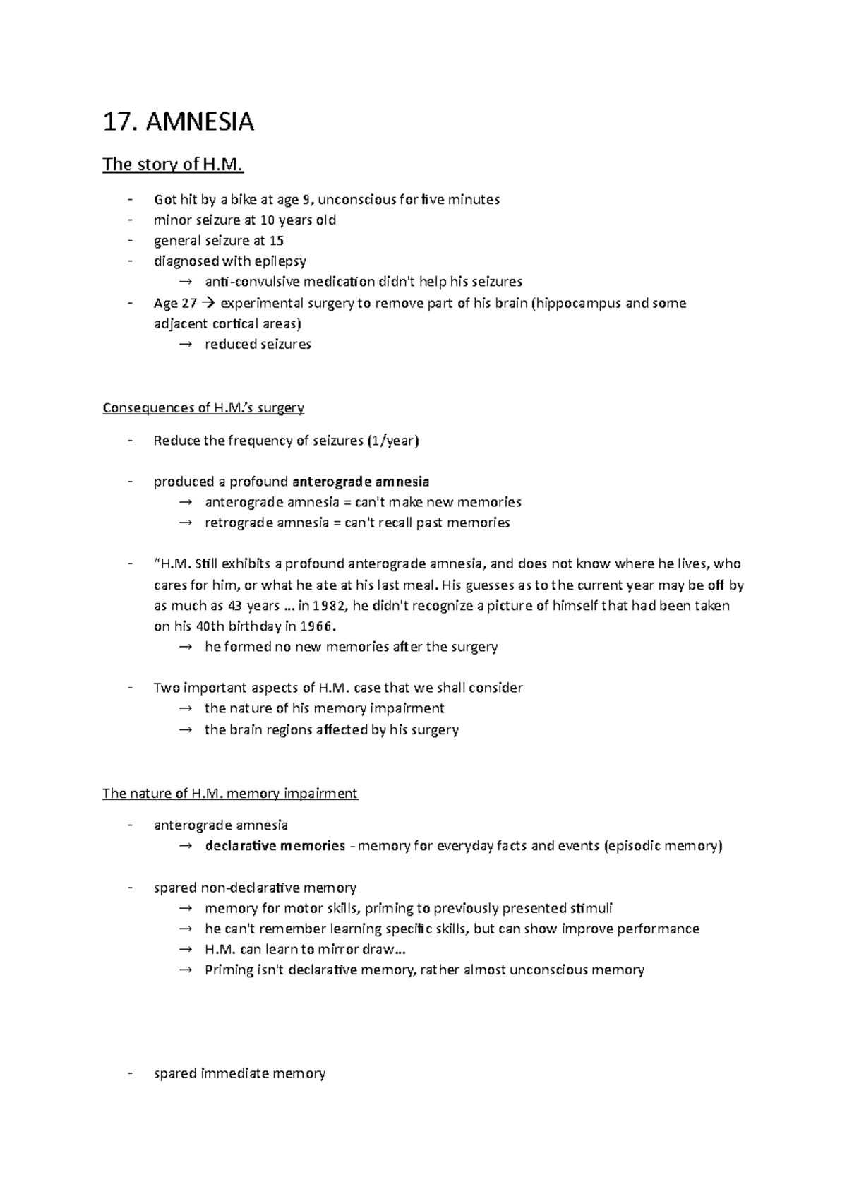 17. Amnesia - Lecture notes 17 - PSYU9A4 - Stirling - Studocu