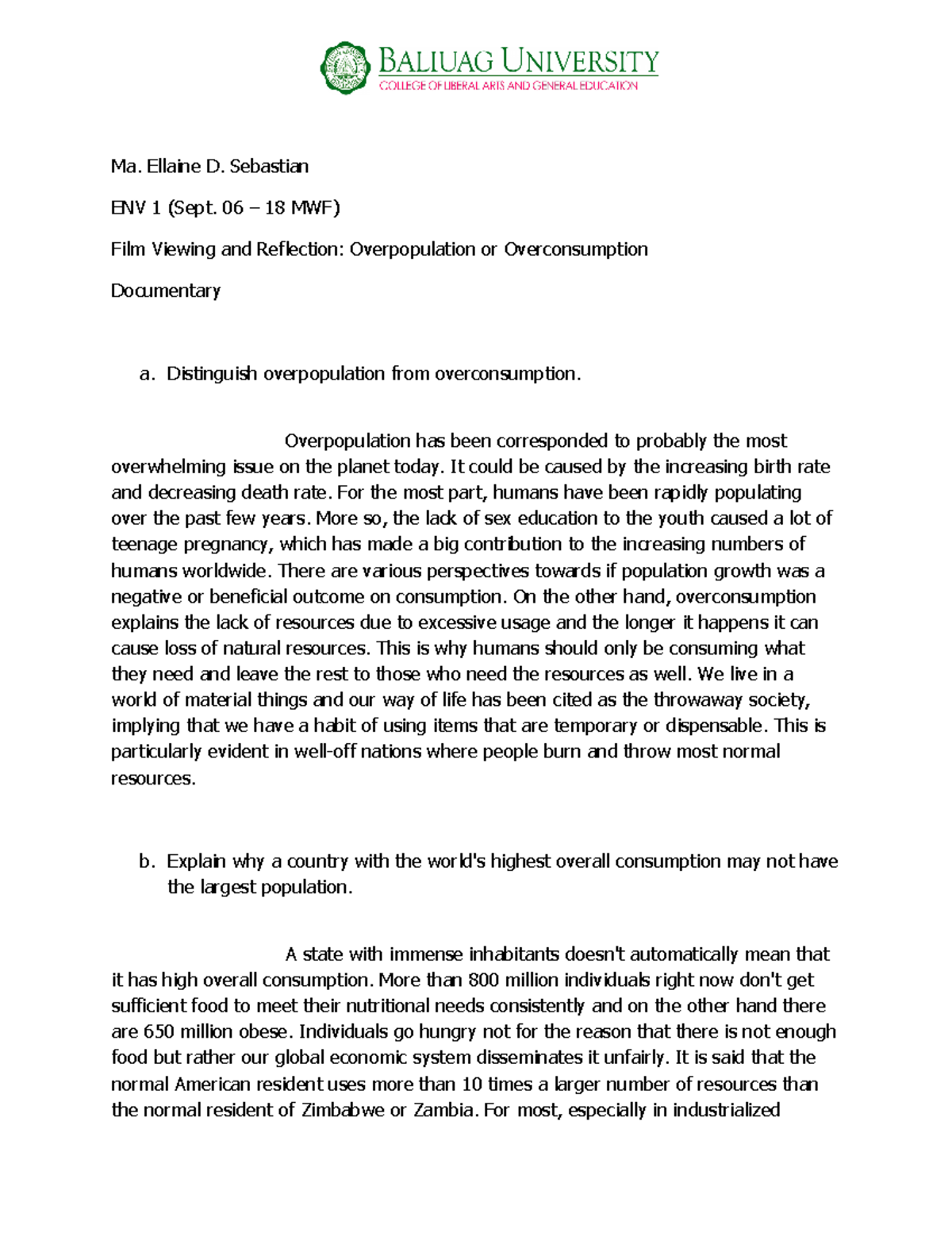Assignment#1 Overpopulaton Or Overconsumption - Ma. Ellaine D ...