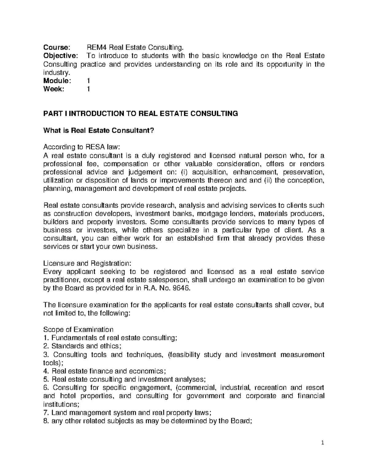 REM-4-M1 - real estate - 1 Course: REM4 Real Estate Consulting ...