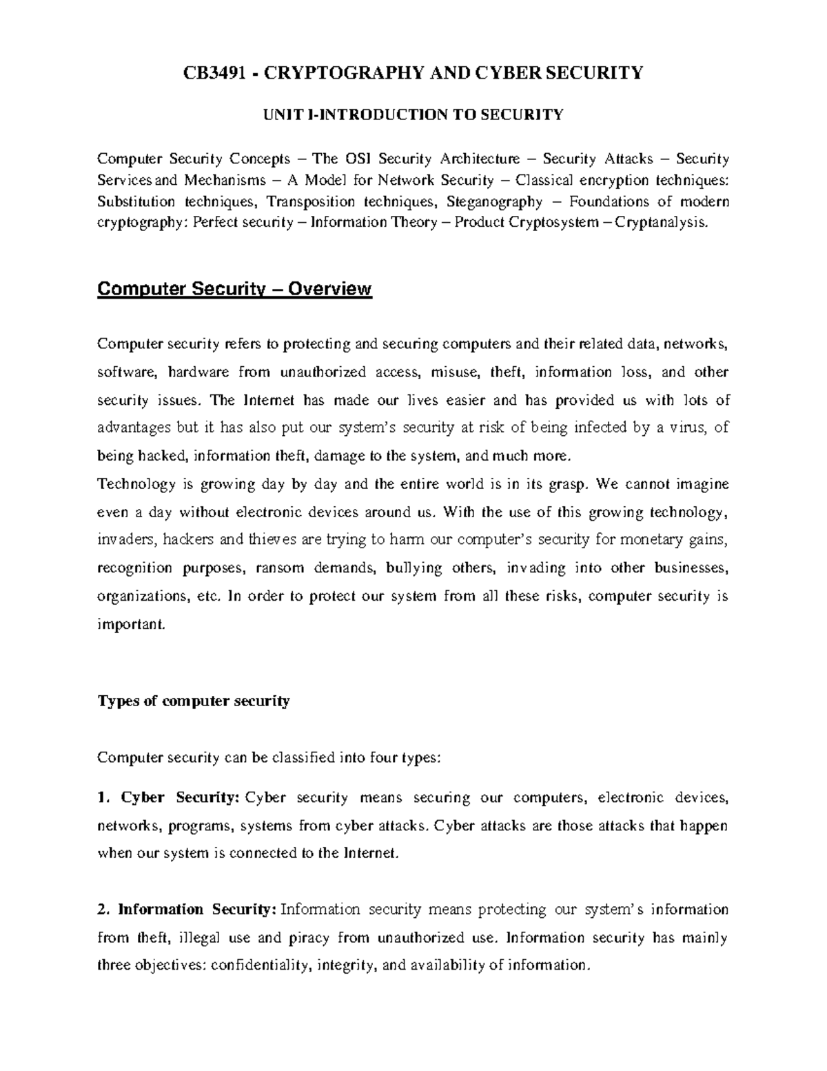 CB3491-Unit1 - Summary Cryptography and cybersecurity - CB3491 - CRYPTOGRAPHY AND CYBER SECURITY ...
