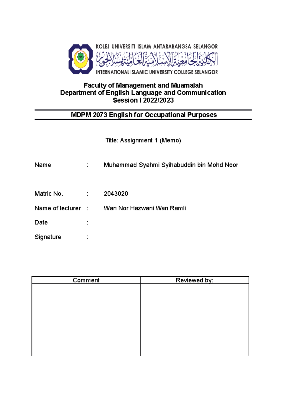 Memo assignment - Task - Department of English Language and ...