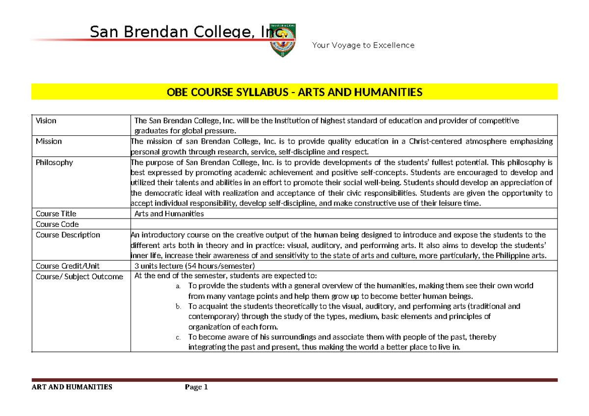 ARTS and Humanities (Autosaved) - Your Voyage to Excellence OBE COURSE ...