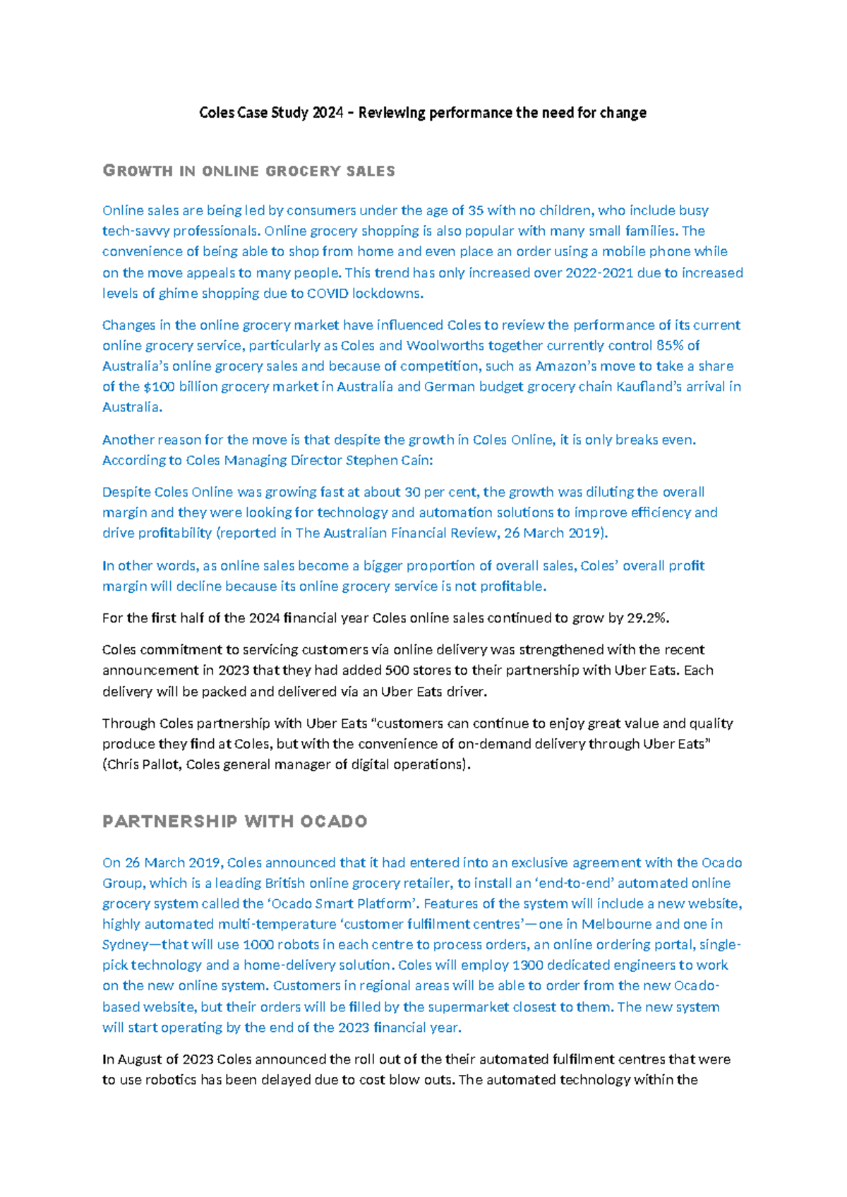 Coles Case Study 2024 - 12345678 - Coles Case Study 2024 – Reviewing ...