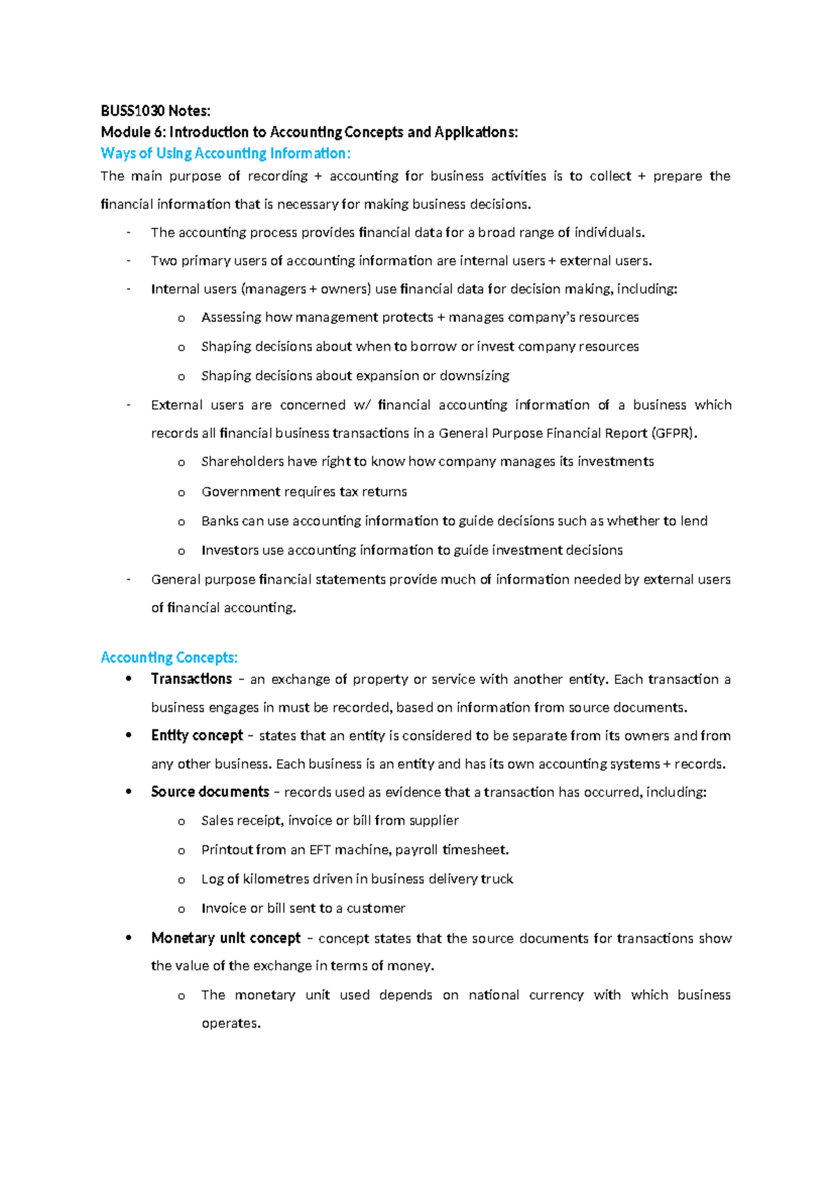 BUSS1030 Notes - BUSS1030 Notes: Module 6: Introduction to Accounting ...