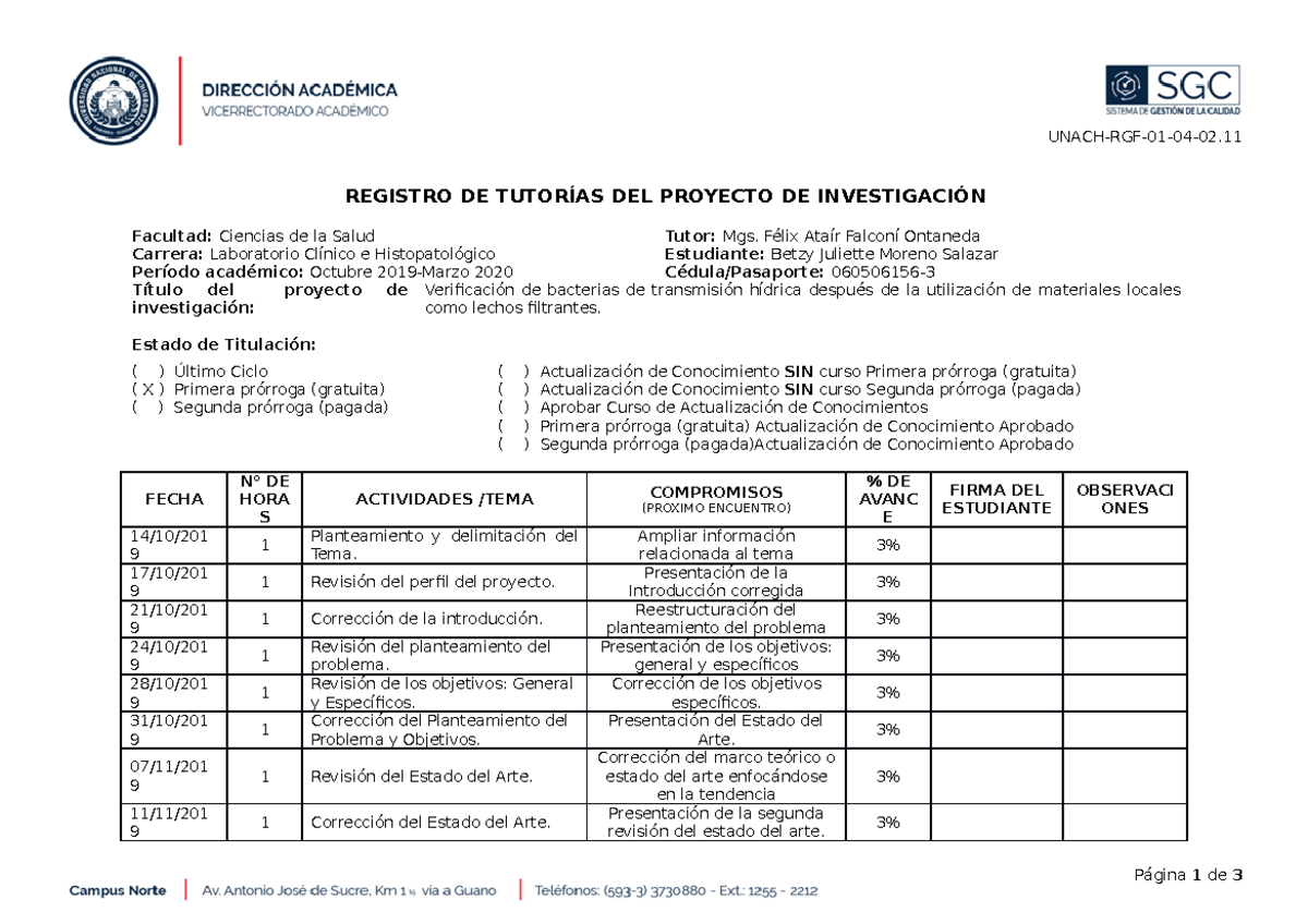 Registro DE Tutorías DEL Proyecto DE 30 Horas - UNACH-RGF-01-04-02 ...