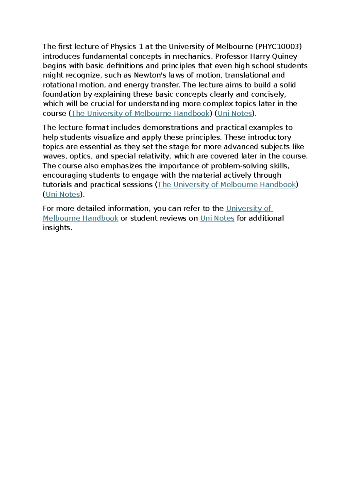 The first lecture of Physics 1 at the University of Melbourne ...