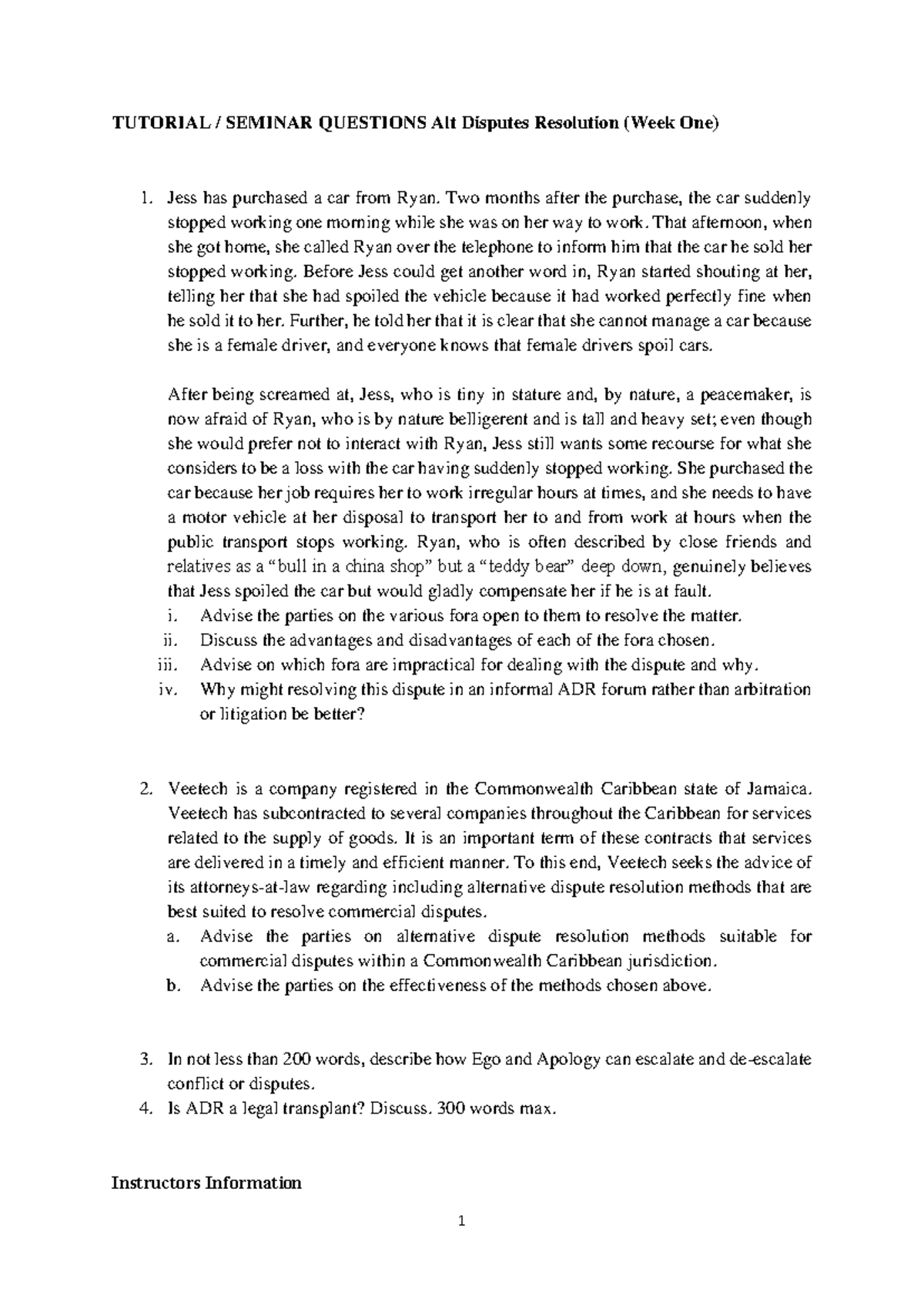 Seminar Questions ADR Ist weet - 1 TUTORIAL / SEMINAR QUESTIONS Alt ...