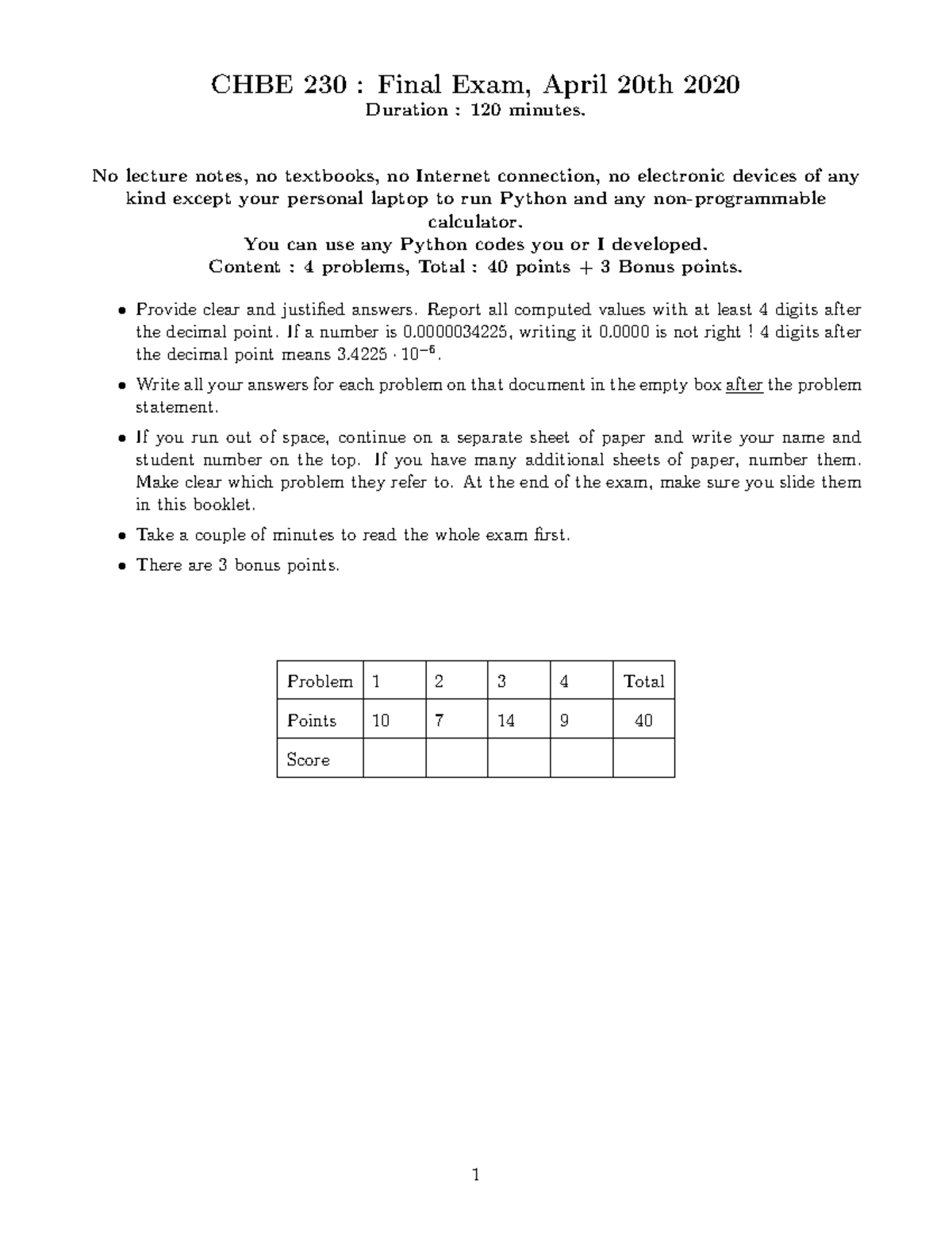 Final 2020 CHBE230 - CHBE 230 : Final Exam, April 20th 2020 Duration ...