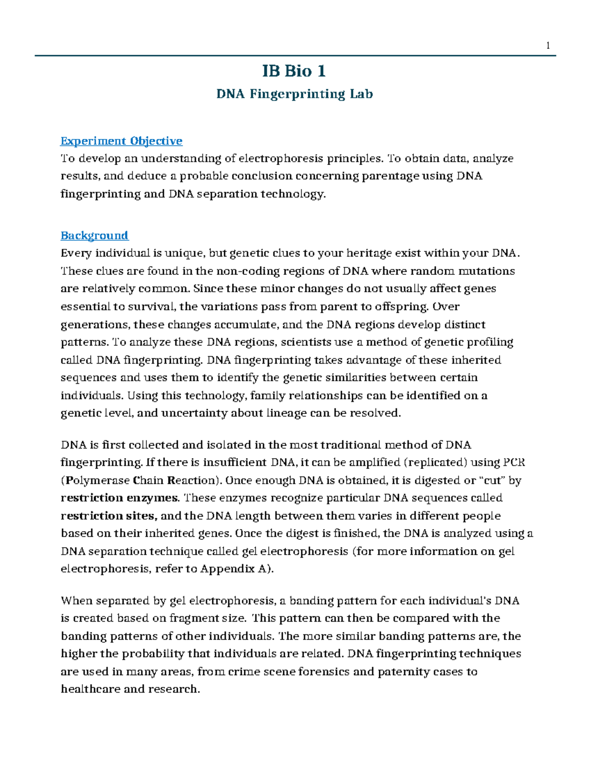 D11 Gel Electro Lab 24 - IB Bio 1 DNA Fingerprinting Lab Experiment ...