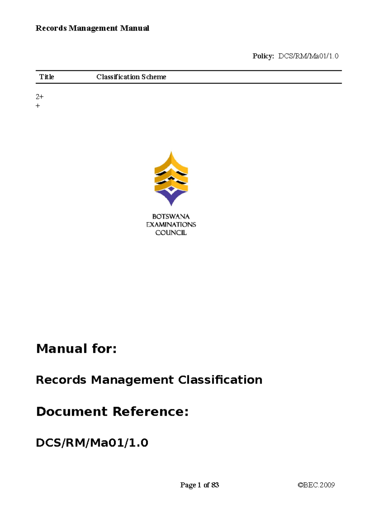 Edited Classification - Policy: DCS/RM/Ma01/1. Title Classification ...