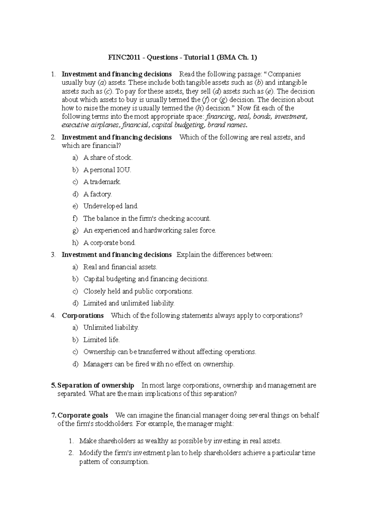 FINC2011 Tutorial 1 Question - FINC2011 - Questions - Tutorial 1 (BMA ...