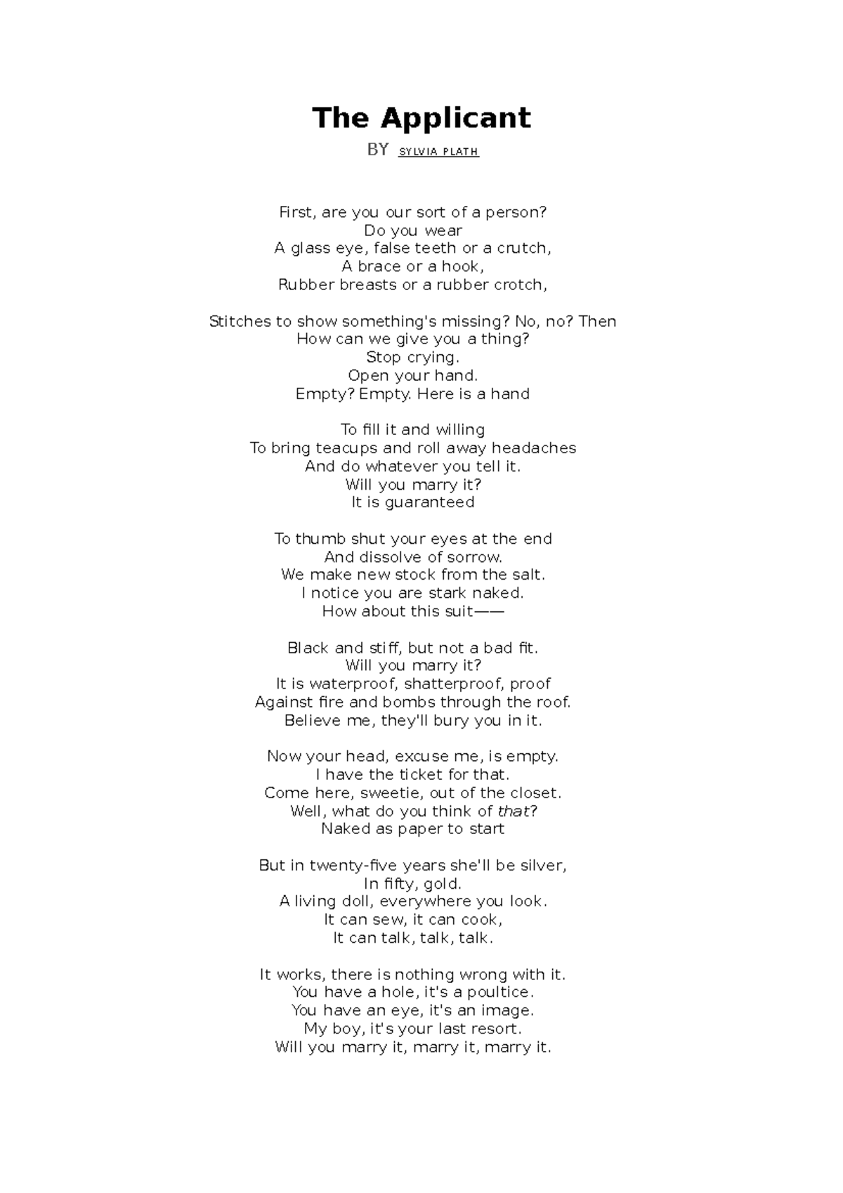 Sylvia plath - They're for A level English literature - The Applicant ...