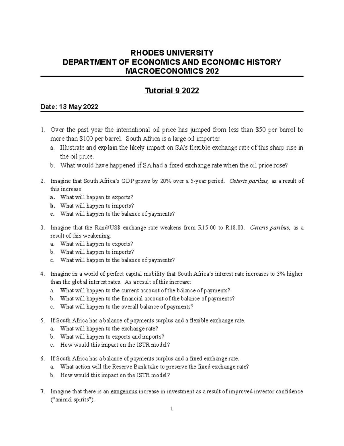 Tutorial 9 2022 - with solutions - RHODES UNIVERSITY DEPARTMENT OF ...