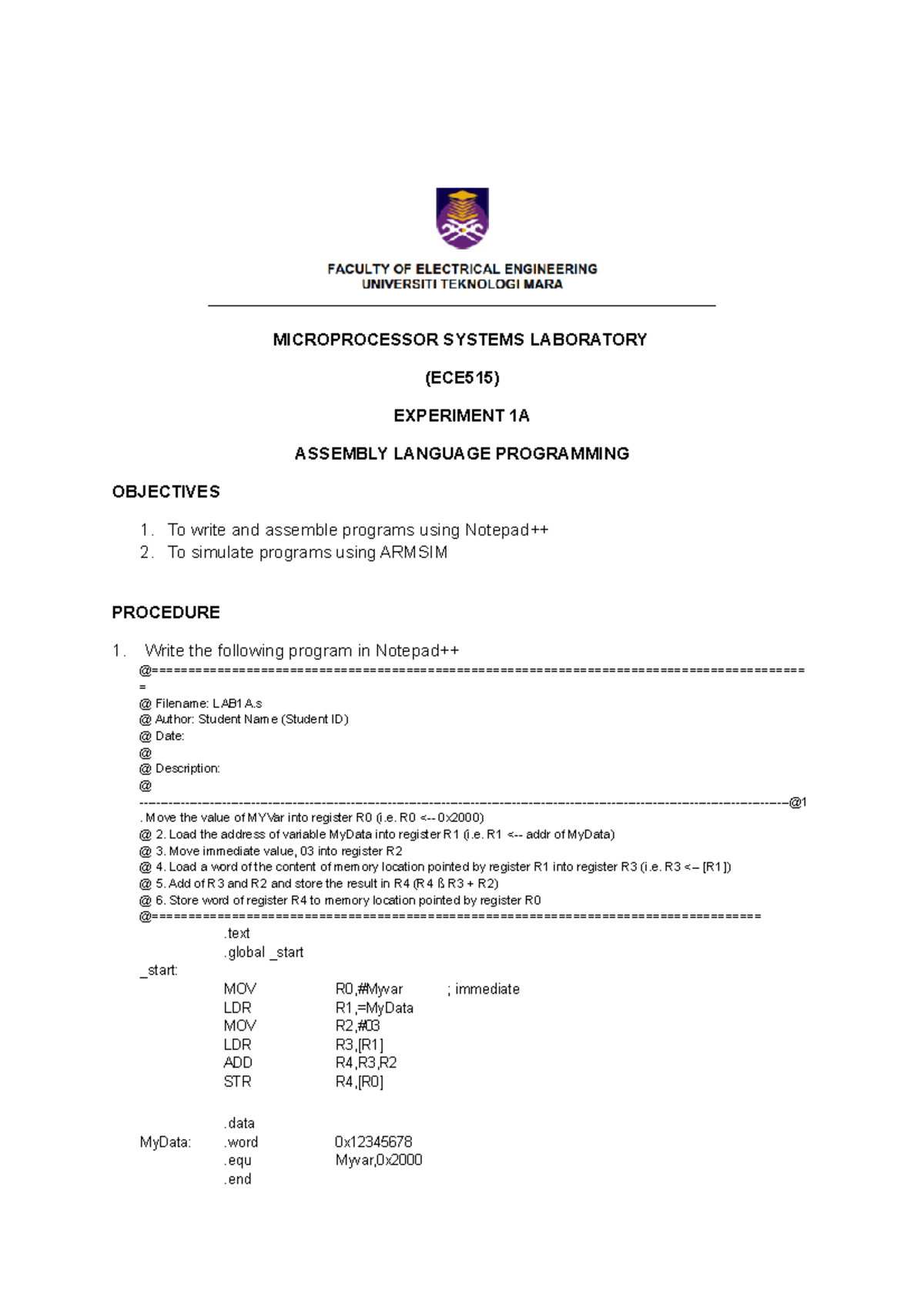 Microprocessor Systems Laboratory 1 - MICROPROCESSOR SYSTEMS LABORATORY (ECE515) EXPERIMENT 1A ...