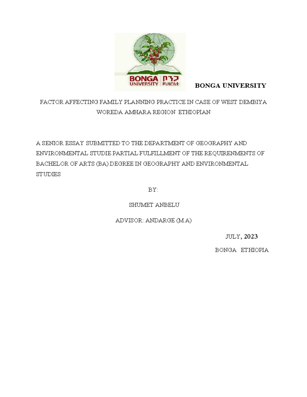 Bonga University - BONGA UNIVERSITY FACTOR AFFECTING FAMILY PLANNING ...