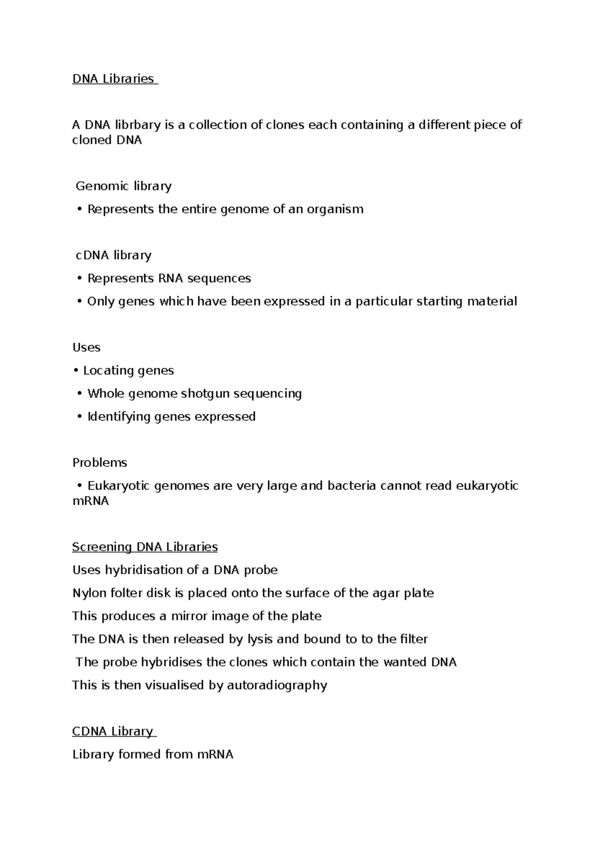 DNA Libraries - Assignment notes - DNA Libraries A DNA librbary is a ...
