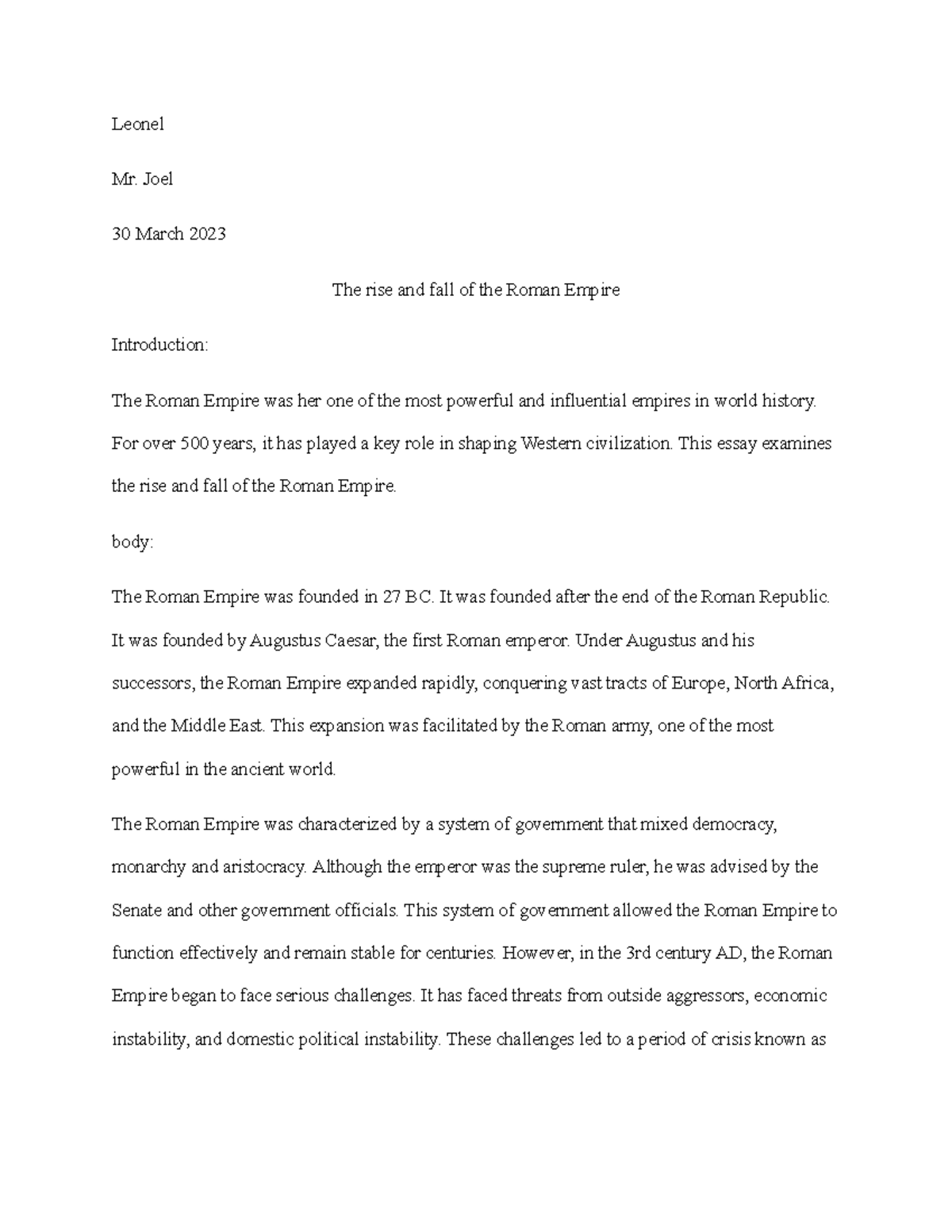 The rise and fall of the Roman Empire - Leonel Mr. Joel 30 March 2023 ...
