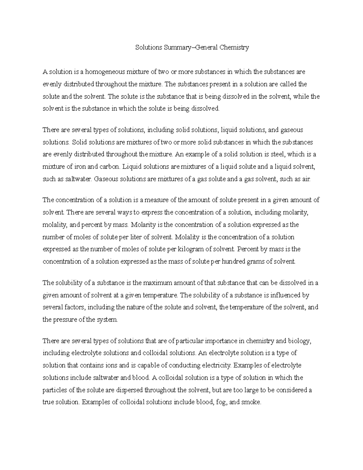 Solutions Summary - Solutions Summary–General Chemistry A solution is a ...