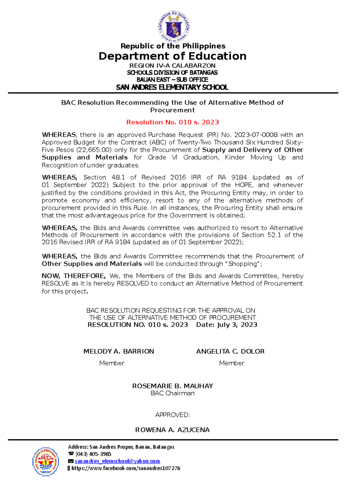 Sample-BAC- Resolution- Procurement - jukly to august 2022 - Republic ...