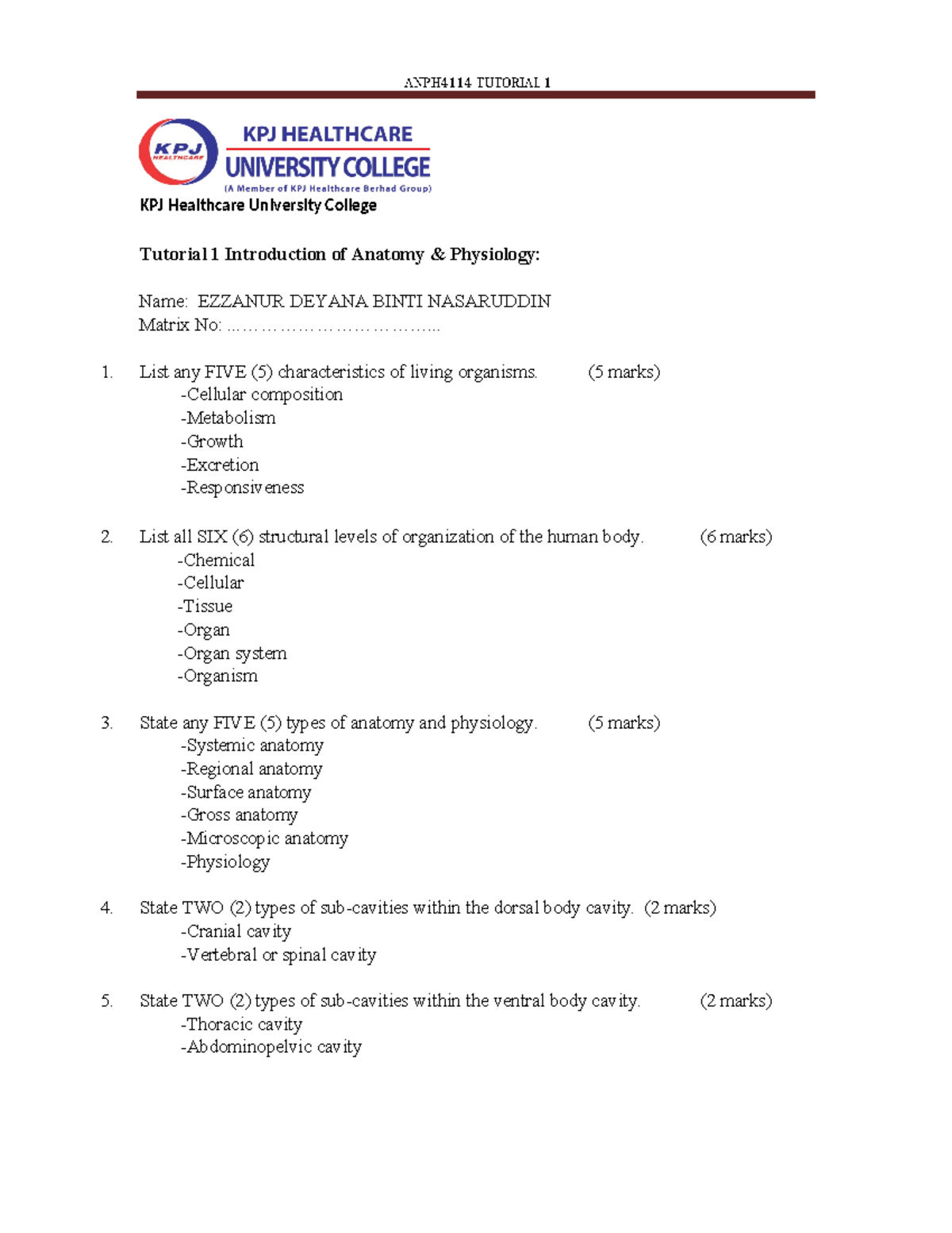 Anatomy - note - ANPH4114 TUTORIAL 1 Tutorial 1 Introduction of Anatomy ...