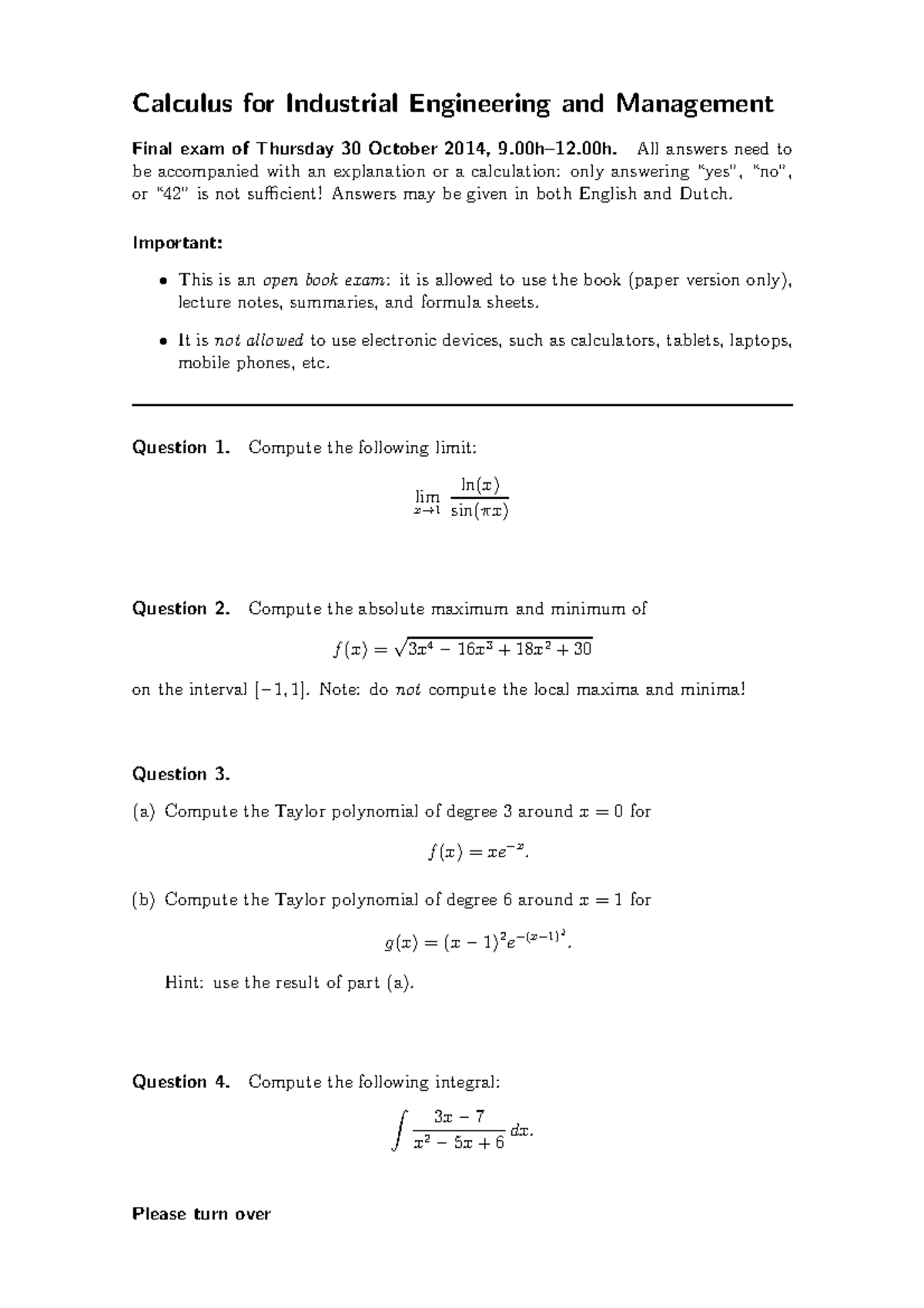 Exam October 30, 2014, Calculus for IEM, questions and answers ...