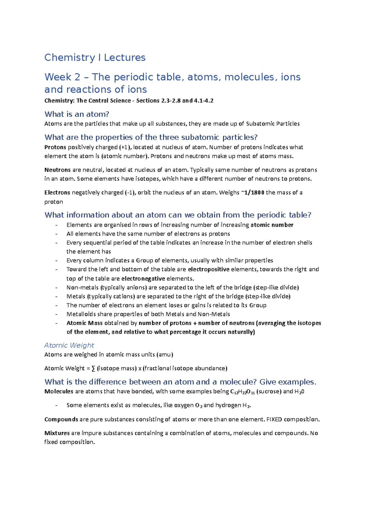 Chemistry I Lectures - Chemistry I Lectures Week 2 – The periodic table ...