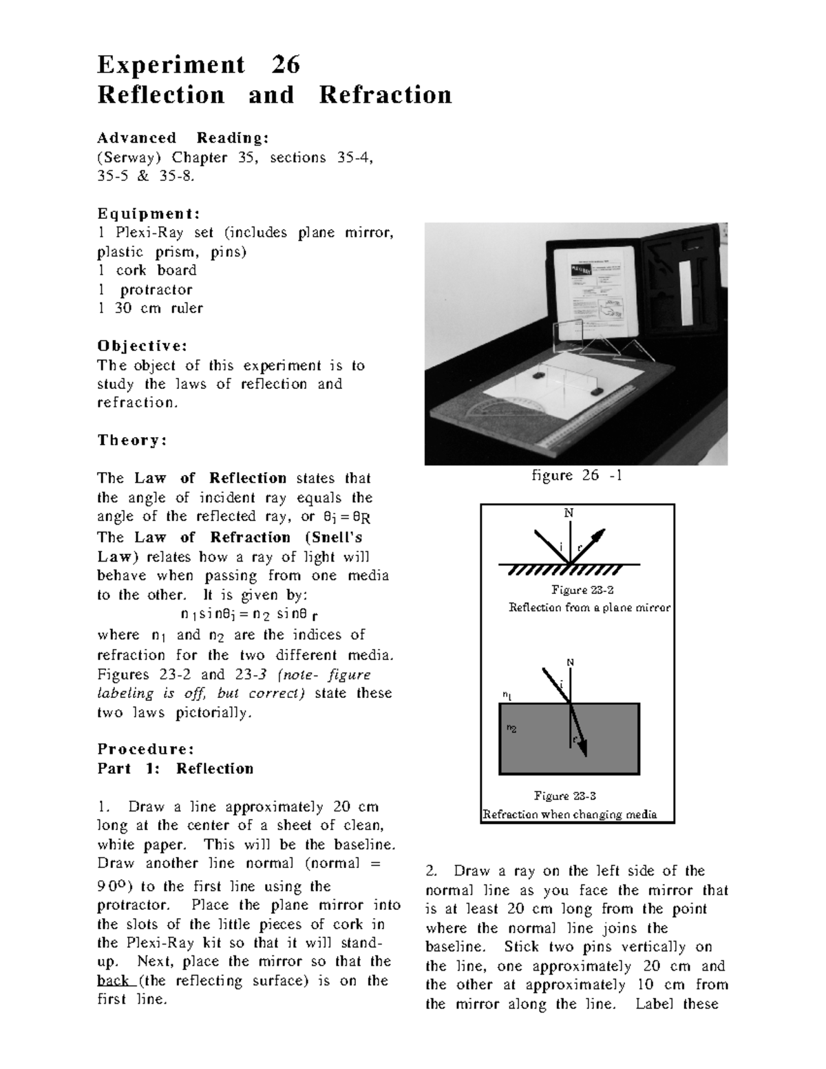 Exp24 Reflec Refrac - lab report - Experiment 26 Reflection and ...