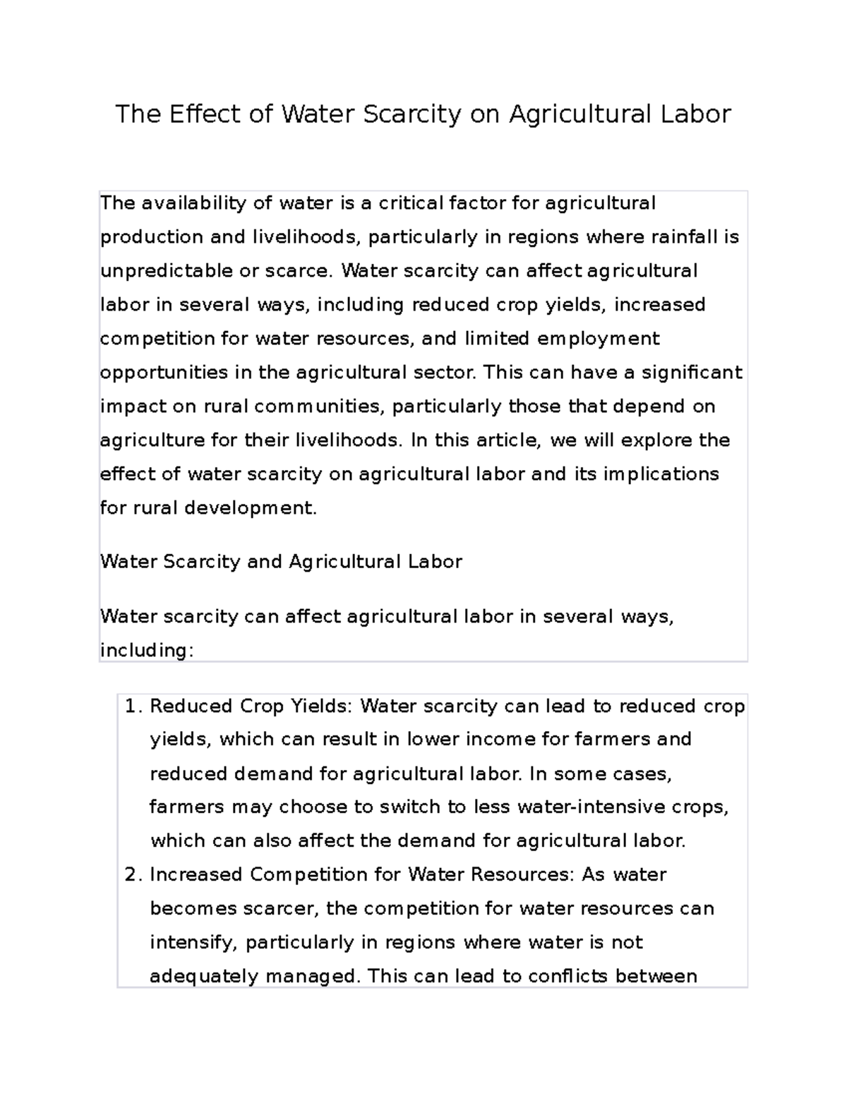 The Effect of Water Scarcity on Agricultural Labor - Water scarcity can ...