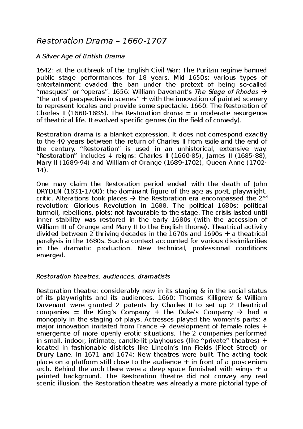 Restoration Drama - Dates, names, definitions - Restoration Drama ...