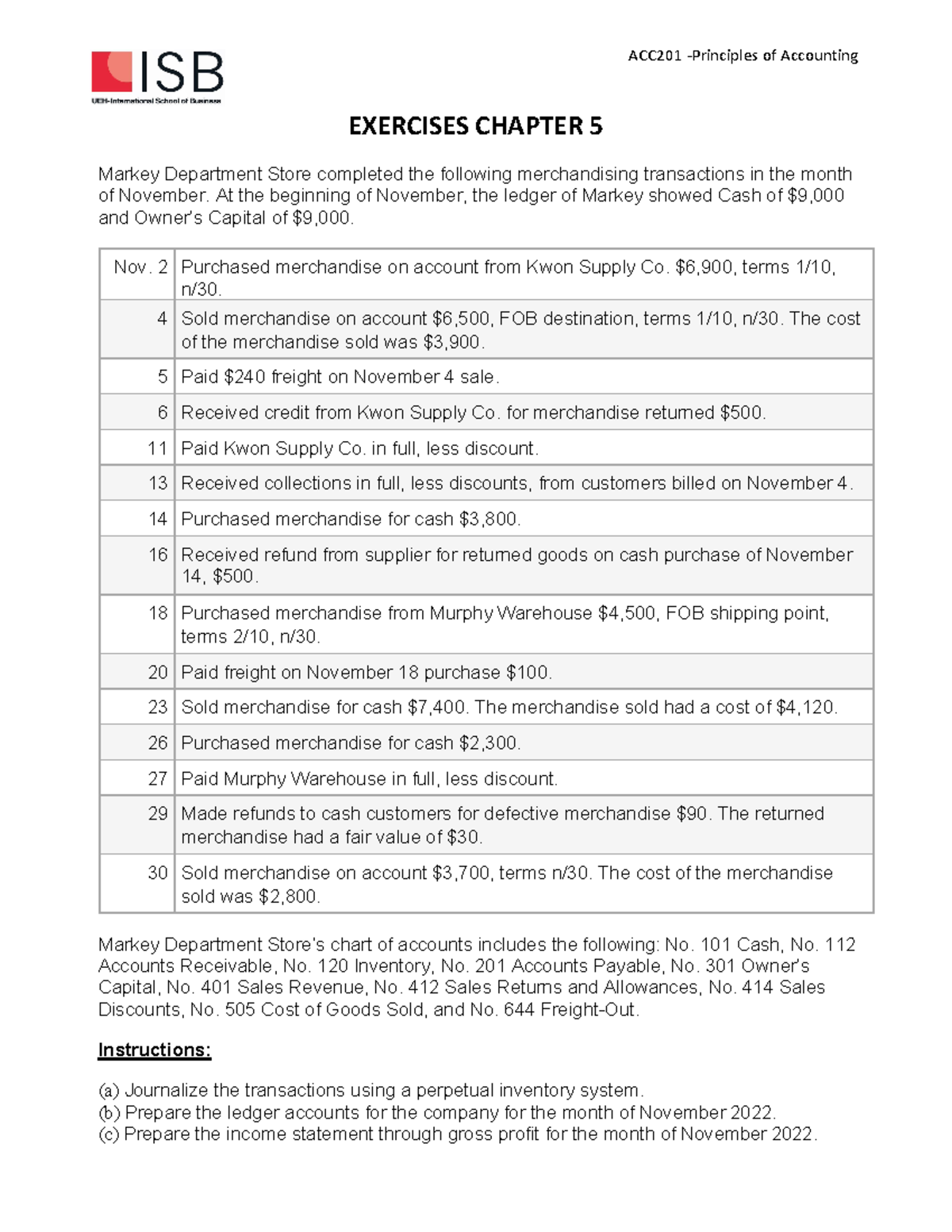 Exercise Ch5 - mpv - ACC201 -Principles of Accounting EXERCISES CHAPTER 5 Markey Department ...