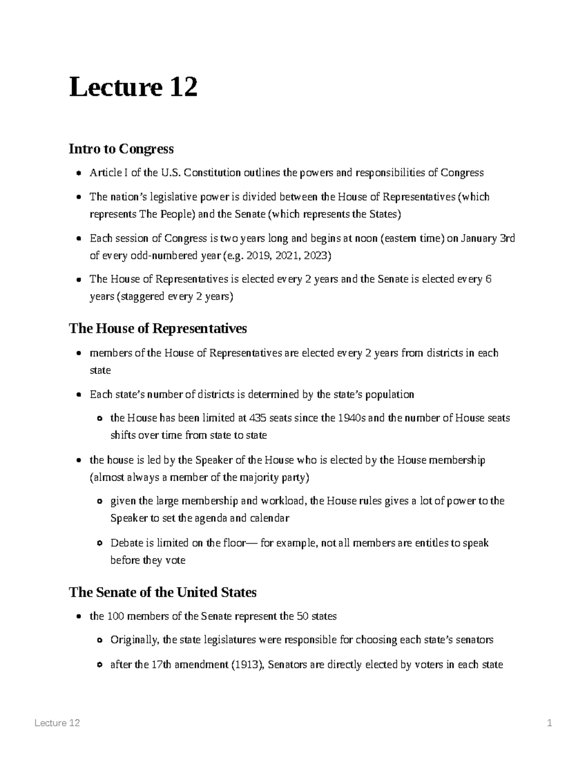 Lecture 12 - Lecture 12 Intro to Congress Article I of the U ...