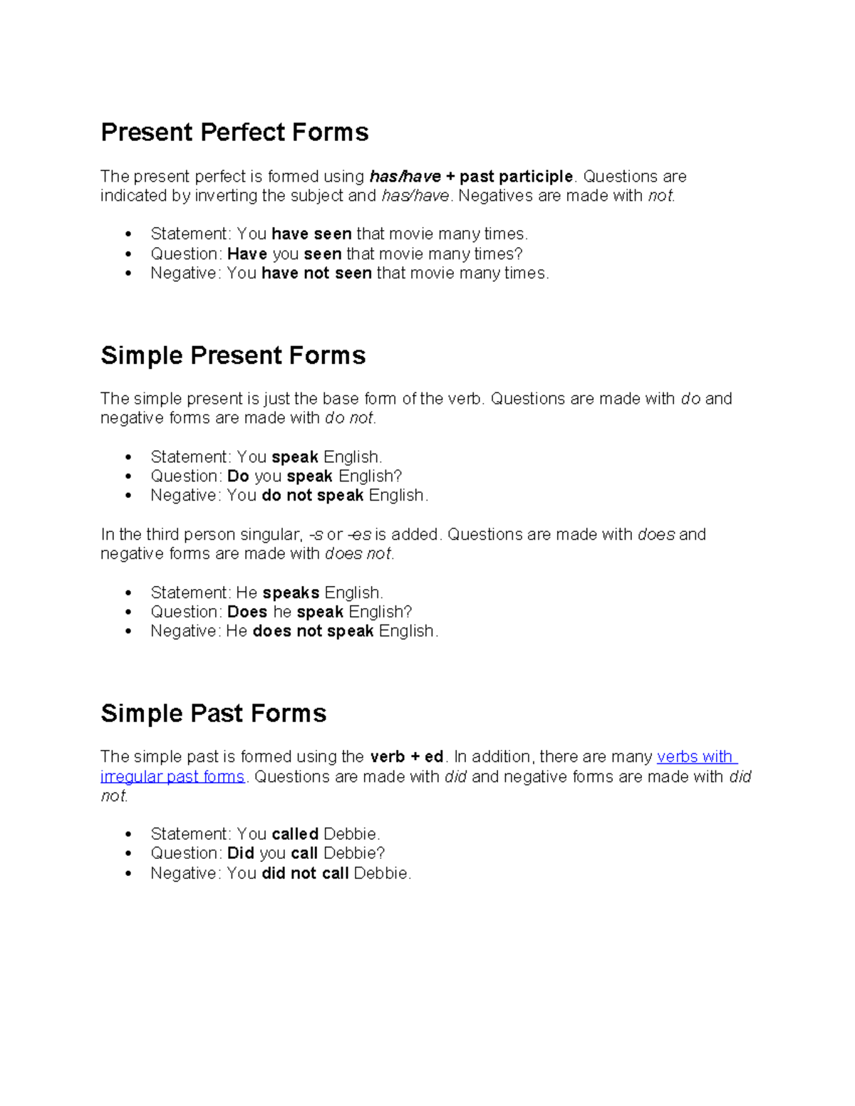 Present Perfect Forms - Questions are indicated by inverting the ...