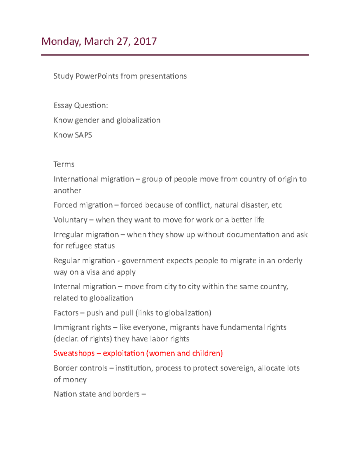 Final Exam Notes - Globalization, Development & Social Change - Monday ...