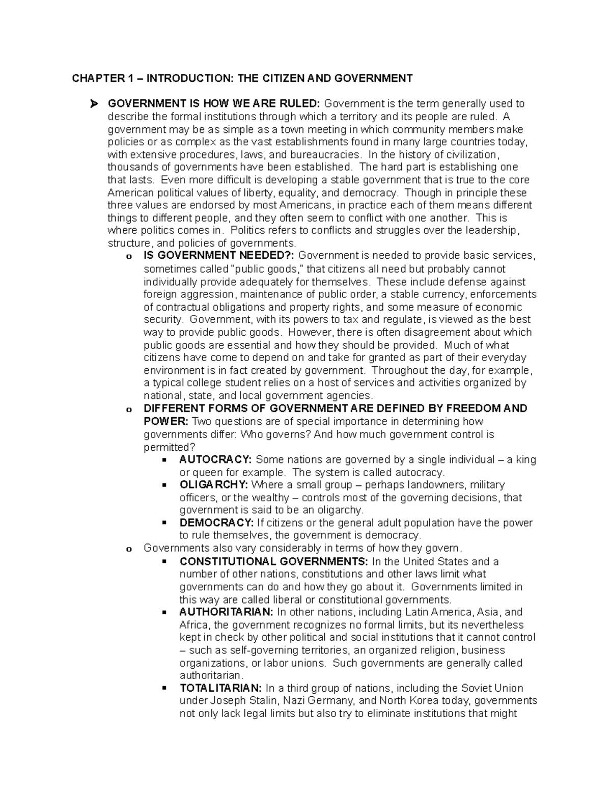 Chapter 1 Notes - CHAPTER 1 – INTRODUCTION: THE CITIZEN AND GOVERNMENT ...