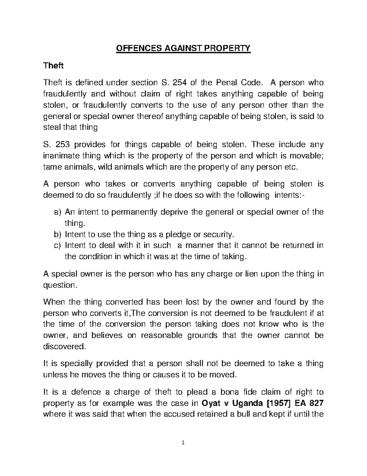 Offences against property - OFFENCES AGAINST PROPERTY Theft Theft is ...